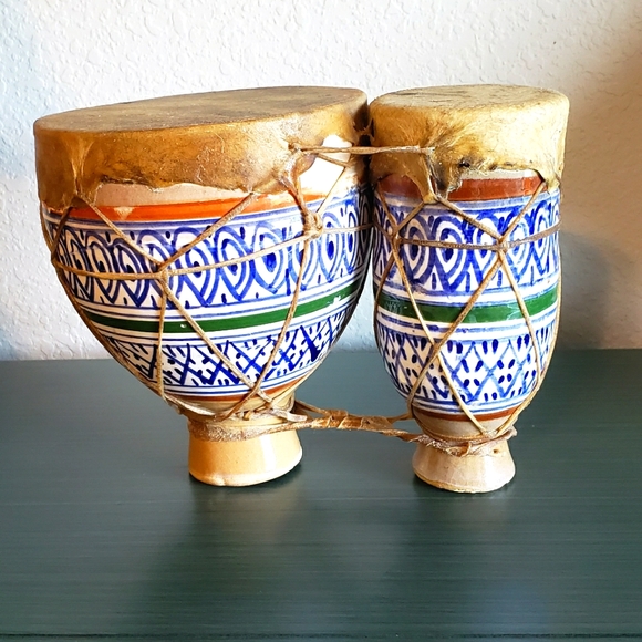 Hand Crafted | Art | Vintage Moroccan Taarija Ceramic Goat Skin Drum ...